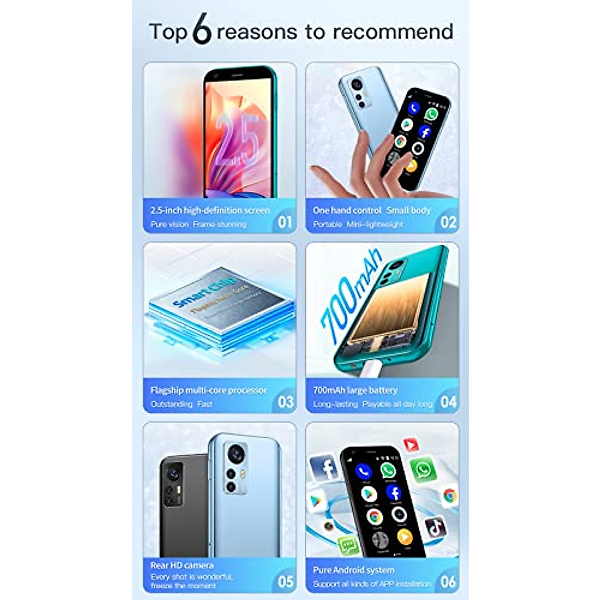 Mini Smartphone Unlocked 1GB RAM 8GB ROM Small Cell Phones, 2.5'' Touch Screen Quad Core Android Tiny Phone/3G/WiFi/Dual SIM/HD Camera/Google Play Mobile Phone (Blue)