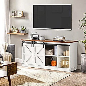 oneinmil Farmhouse TV Stand for 65 Inch TVs, Modern Rustic Entertainment Center with Sliding Barn Door and Storage Cabinets, Metal Media TV Console with Shelf for Living Room, 58 Inch,White