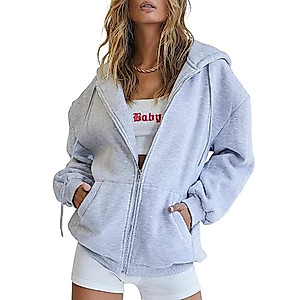Trendy Queen Hoodies for Women Fall Clothes 2023 Zip up Oversized Sweatshirt Fleece Jackets Long Sleeve Comfy Winter Clothes Teen Girls Fashion Cute Y2K Clothing Grey