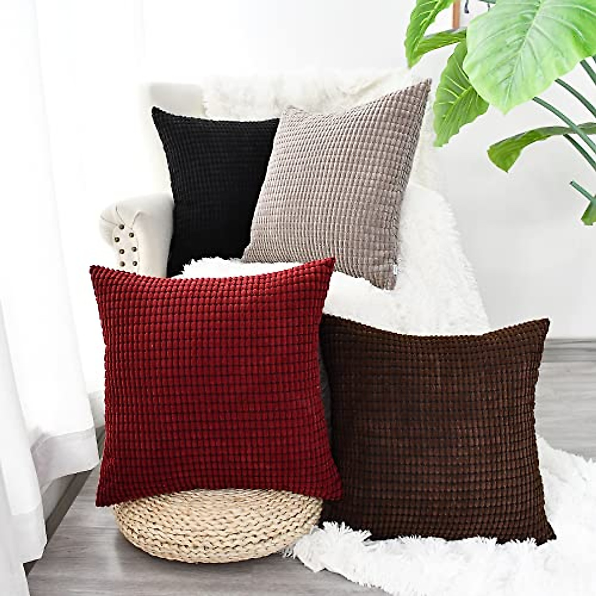 CaliTime Pack of 2 Comfy Throw Pillow Covers Cases for Couch Sofa Bed Decoration Comfortable Supersoft Corduroy Corn Striped Both Sides 18 X 18 Inches Coffee