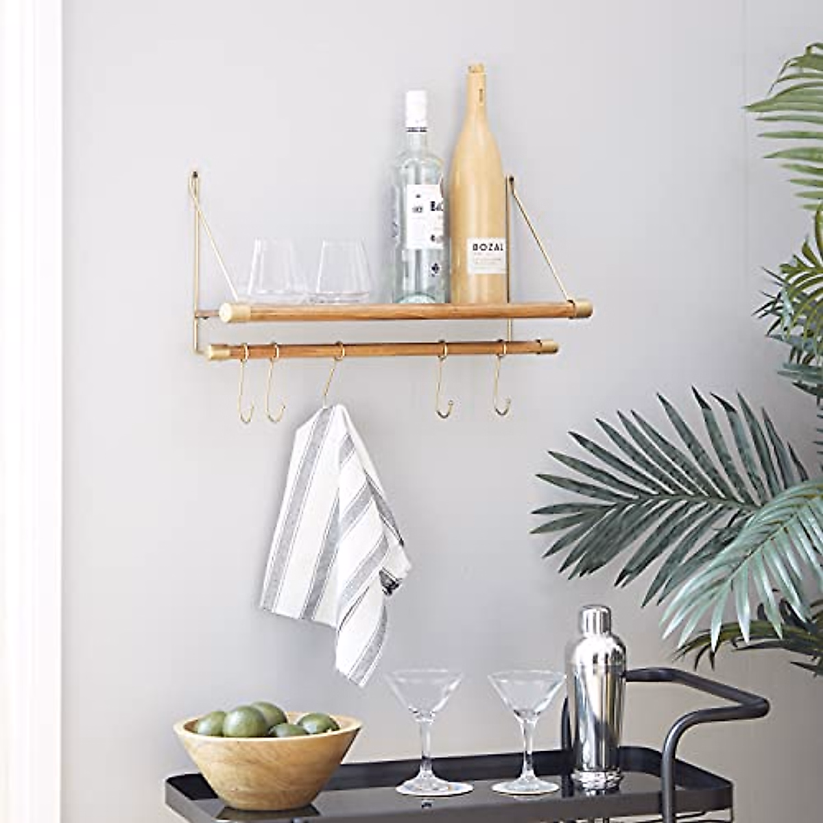 Deco 79 Wood 1 Shelf and 5 Hangers Wall Hook, 23" x 6" x 14", Gold