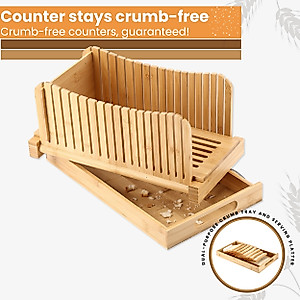 Deen Dynamics Premium Bamboo Bread Slicer for Homemade Bread, Bread Slicer with 3 Slice Thickness, Foldable bread slicer with Stainless steel knife and Compact Chopping Cutting Guide with Crumb Tray