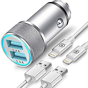 TIKALONG Car Charger Compatible with iPhone 13/12/11/XR/XS/X/Pro Max 8/7/6/6S Plus 5S/5C/SE2, iPad Air Mini Pro (2.4A Dual Port USB Car Charger Adapter with 2X 3ft Charging Cable Cord) (3in1 Pack)