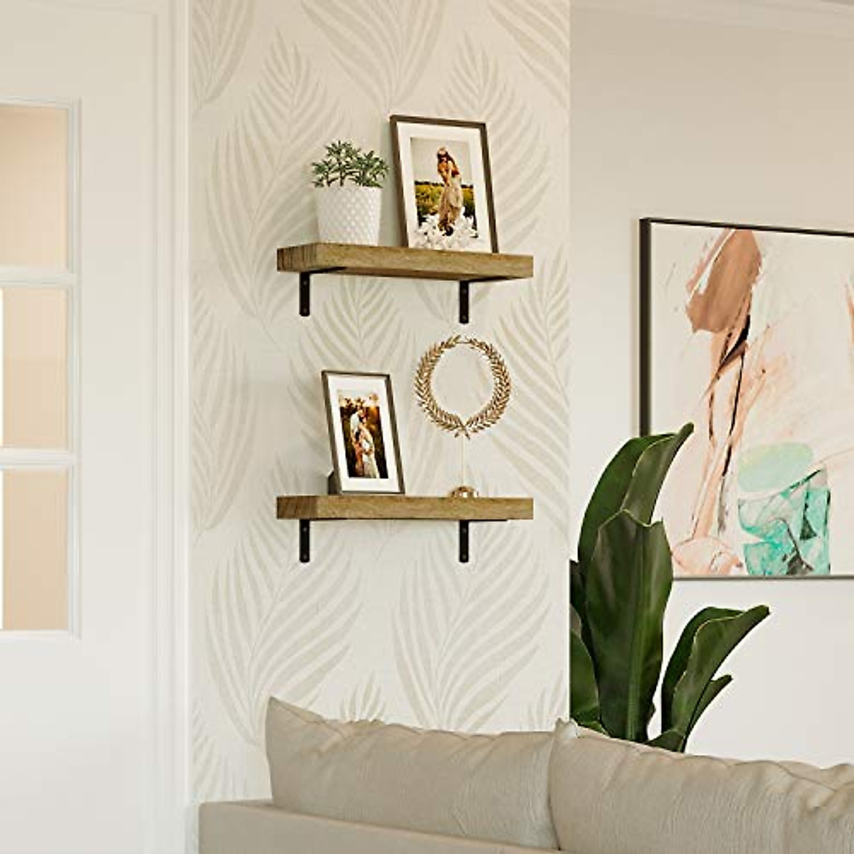 Wallniture Palma Wood Floating Shelves for Wall, Wall Shelves for Living Room Decor, Organization and Storage Set of 2 Natural Burned