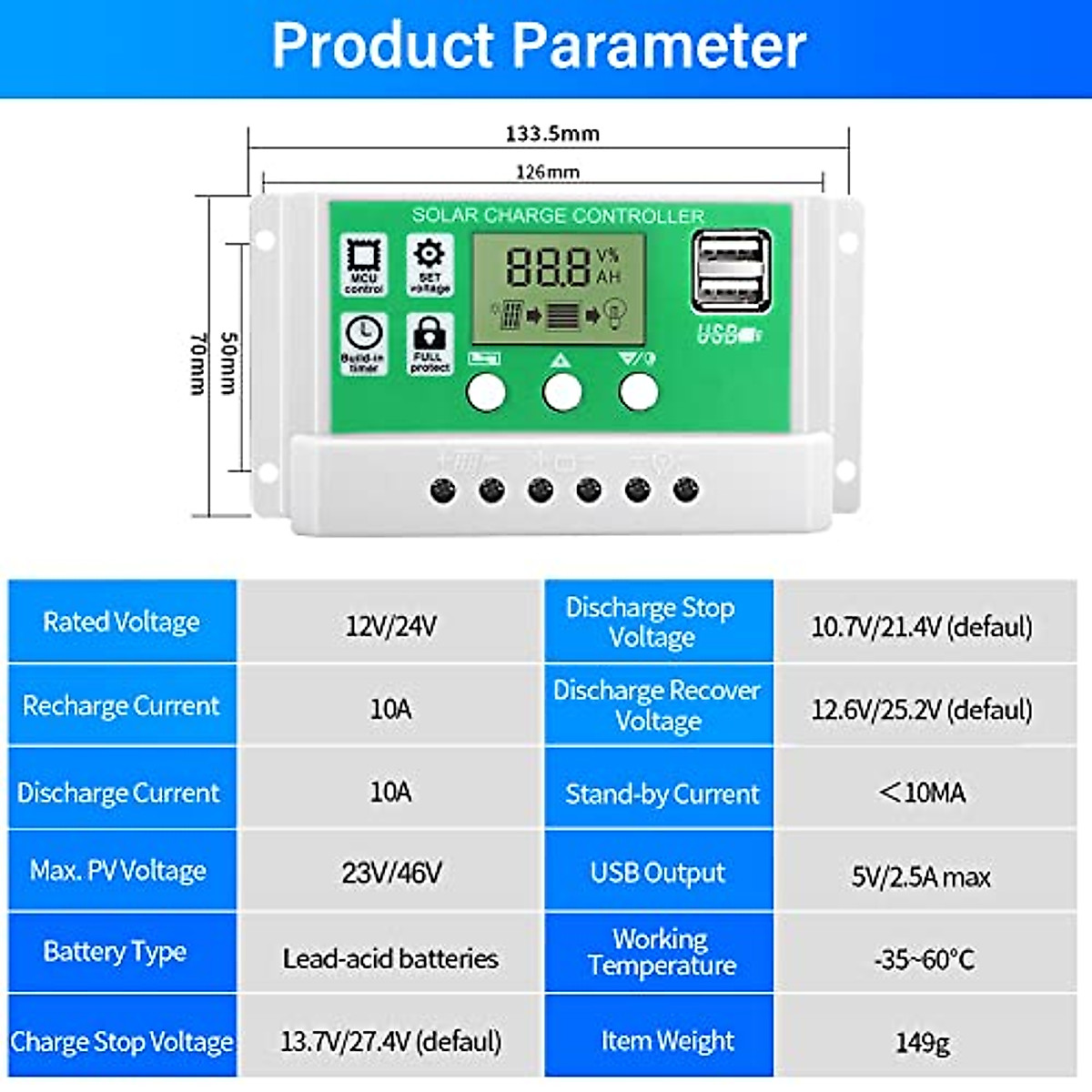 Cxztcl PWM Solar Charge Controller 10A Solar Panel Battery Controller Intelligent Regulator 12V/24V PWM LCD Display Solar Controller Street Light Controller