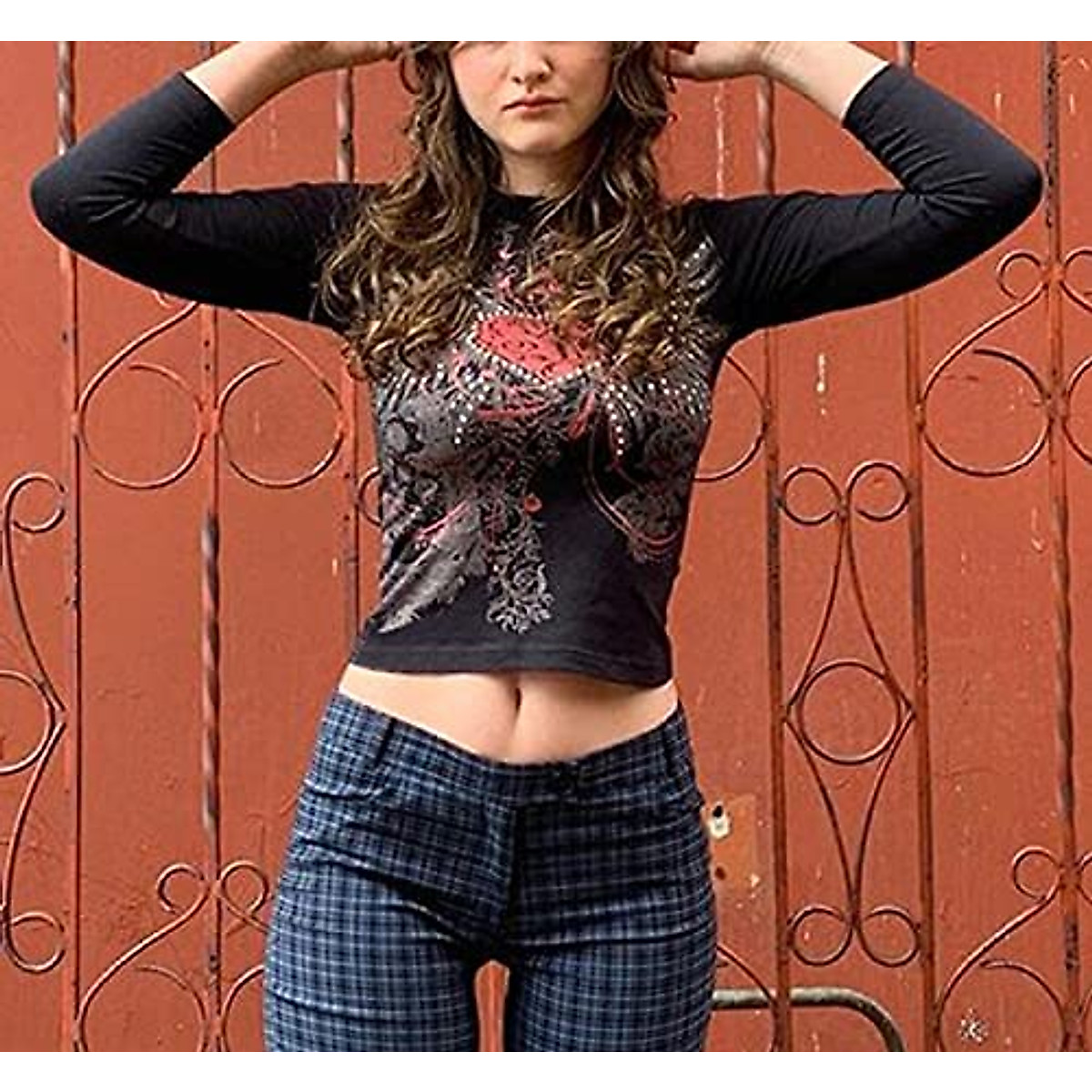 Women Y2K Long Sleeve Top Tee Sexy Graphic Print Shirt Rhinestone Slim Fit Blouse Tops Streewear (A-Balck,S)