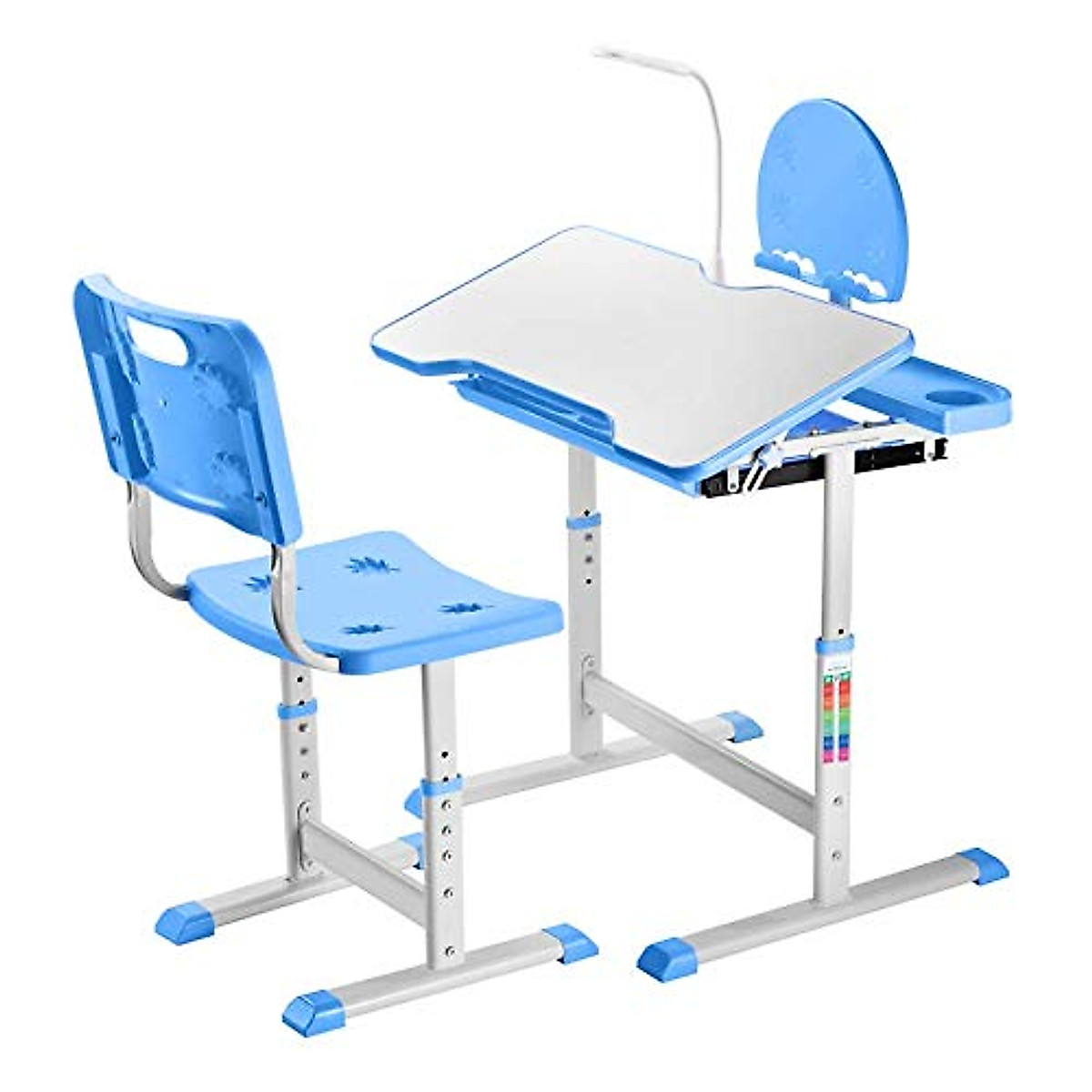 Kids Desk and Chair Set, Functional Children Desk Study Table, Tilted Table Height-Adjustable Desk and Chair Combination with LED Light, Storage Drawers for Boys and Girls, Blue