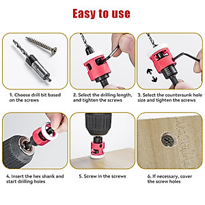 5 Pcs Countersink Drill Bit Set with Low Friction Depth Stop, HSS M2 Bits Tapered Head1/8 9/64" 5/32" Drill+3/8” 82° Counter-Bore,11/64" 3/16" Drill+ 1/2" 82° Counter Bore,1/4” Hex Shank(Red)