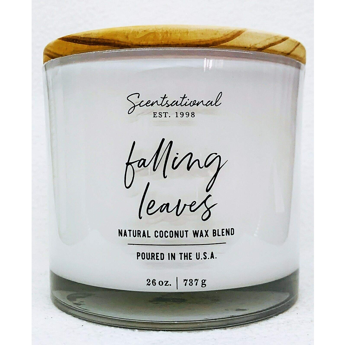 Natural Coconut + Beeswax Scented Candle Falling Leaves (in Cursive) XL White Jar with Wooden Lid, 26 Oz.