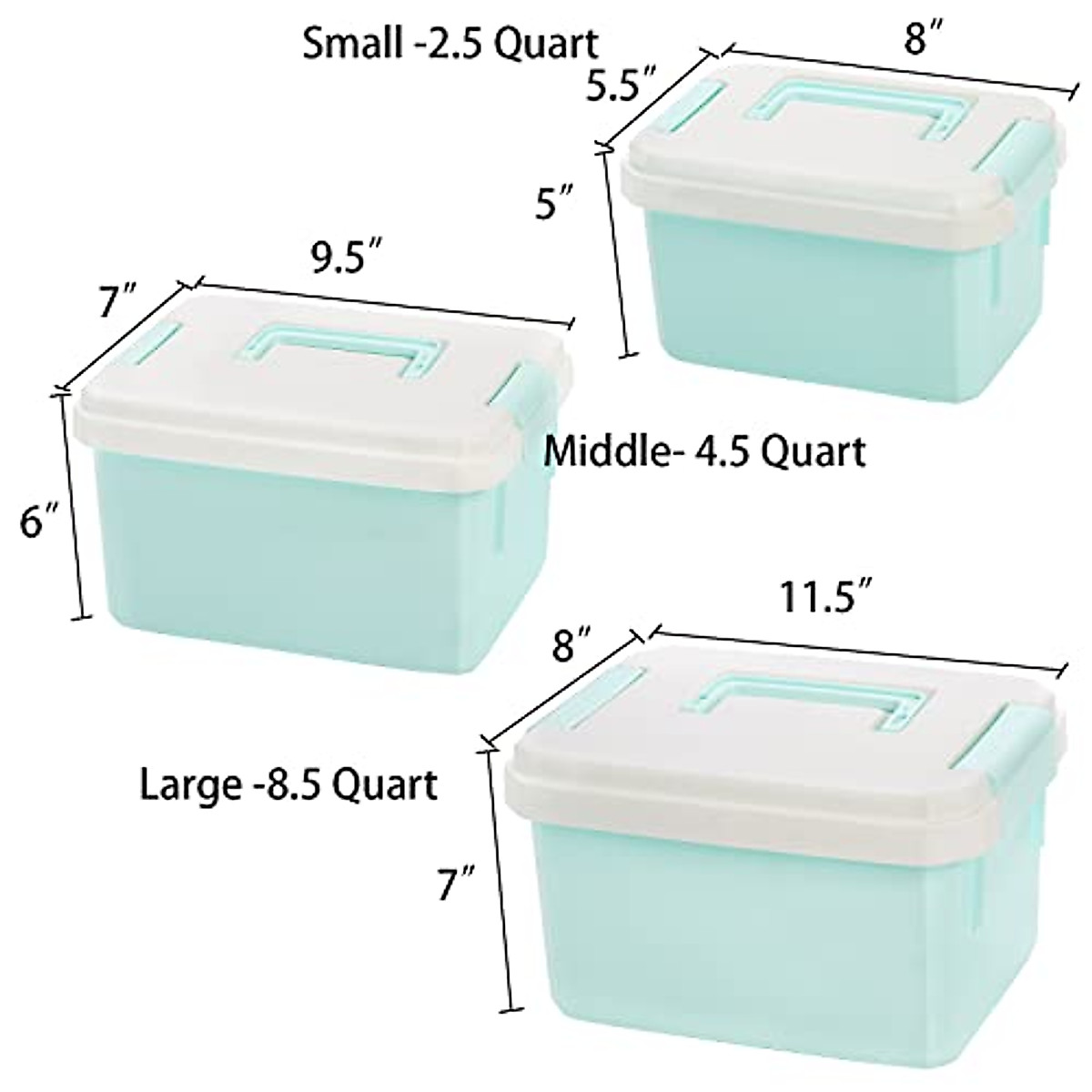 Jucoan 3 Pack Plastic Storage Latch Bin with Lid, 2.5/4.5/8.5 Quart Stackable Plastic Storage Bin Tote Organizing Container with Latches and Folding Handle for Toys, Snacks, Stationary