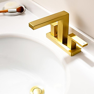 INDARE 2 Handle Centerset Bathroom Faucet， Gold Bathroom Faucets for Sink 3 Hole， 4-Inch Bathroom Sink Faucet， Bathroom Faucets with Pop-Up Drain & Supply Lines， Brushed Gold，110107-BG-1