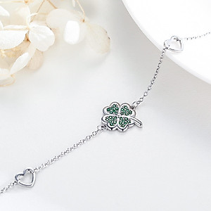 Midir&Etain Four Leaf Clover Bracelet 925 Sterling Silver St Patricks Day Irish Jewelry Gifts Prom Crystal Heart Bracelet for Lover Women Wife