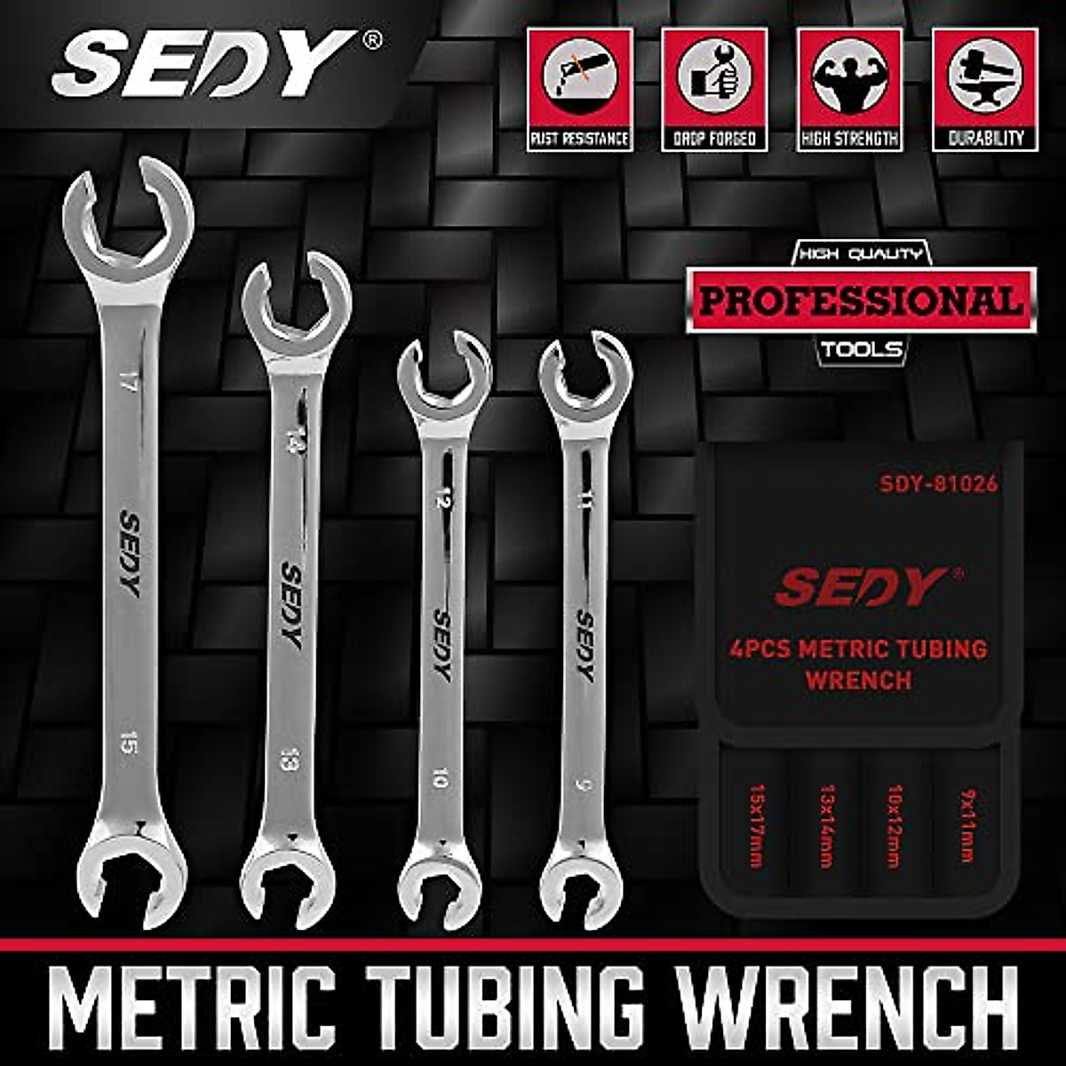 SEDY 4-Piece Flare Nut Wrench Set, Offset End Spanner Metric 9,10, 11,12, 13, 14, 15, 17mm, CR-V Steel, with Storage Pouch for Repair and Remove Nuts on Fuel, Tube, Hose, Transmission Lines