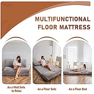 MAXYOYO Bean Bag Bed Folding Sofa Bed Floor Mattress for Adults, Extra Thick and Long Floor Sofa with Faux Fur Washable Cover, Single Floor Couch Bed for Bedroom Living Room, Grey, 30x95 Inch