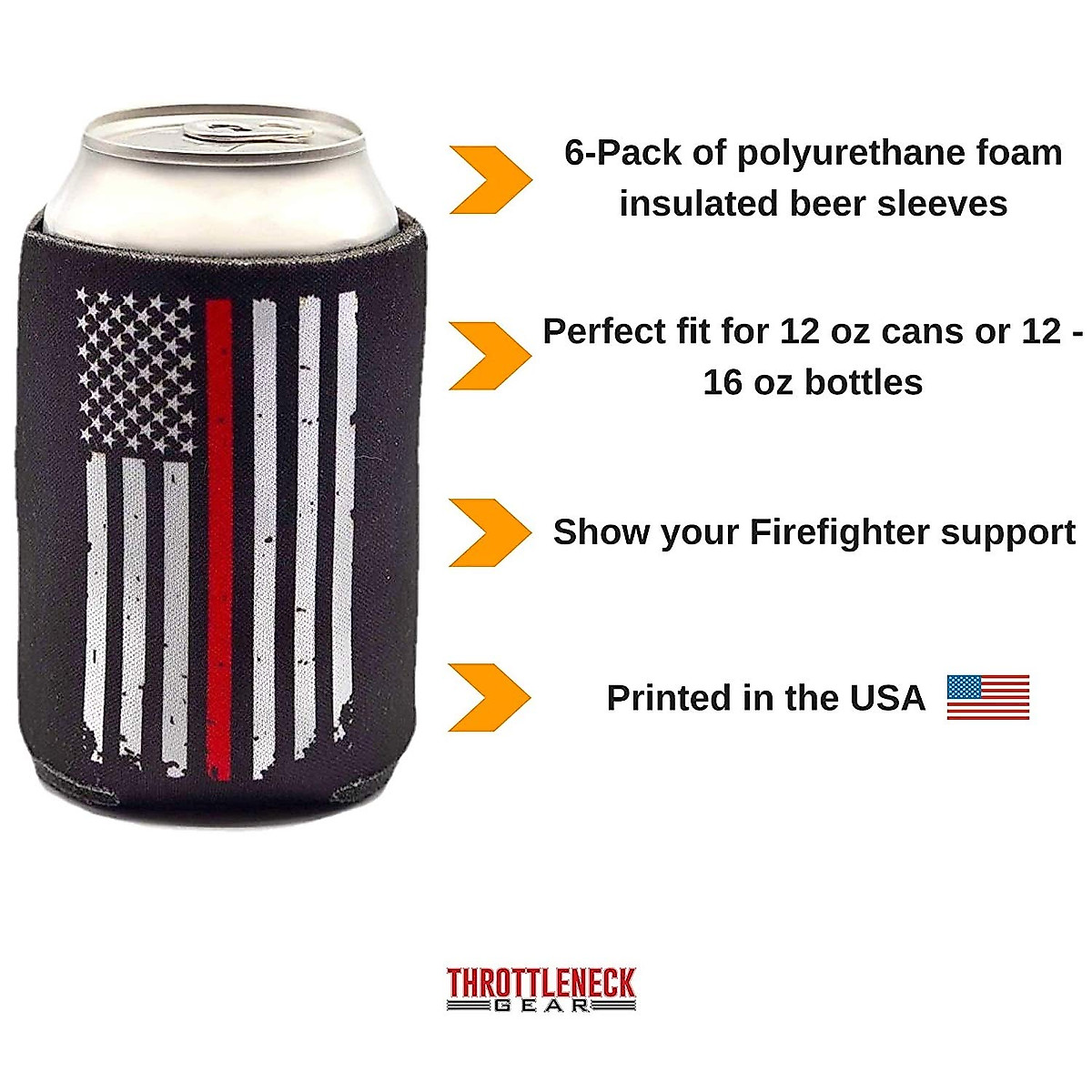 Firefighter Gifts for Men - Thin Red Line Beverage Can Cooler Sleeves, Fireman Gifts, Insulated Beer Holder with Red Stripe American Flag, Fire Department Gift Ideas, Fire Fighter Accessory, 6-Pack