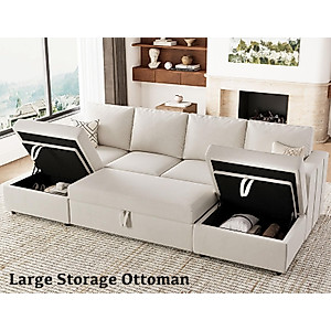 Belffin U Shaped Sectional Sleeper Sofa with Pull Out Bed Convertible Velvet Modular Sectional Couch Bed with Storage Ottoman Beige
