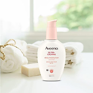 Aveeno Ultra-Calming Daily Facial Moisturizer for Sensitive, Dry Skin with Broad Spectrum SPF 15 Sunscreen, Feverfew & Nourishing Oat, Oil-Free and Hypoallergenic, Basic, Unscented, 4 Fl Oz