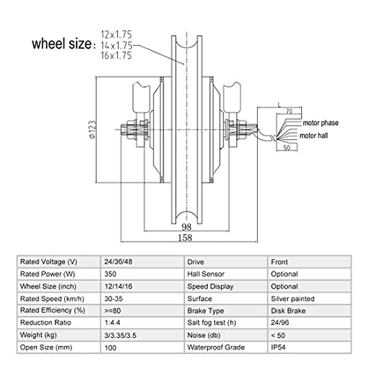 L-faster 36v 350w 14 Inch Rear Drive Hub Brushless Gear Motor Wheel for Electric Bike (24V 350W no tire)