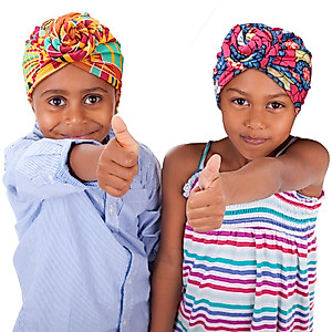 Geyoga 3 Pieces Kids Cancer Headwear African Knot Pre Tied Turban Soft Cotton Stretch Head Wrap for Boys Girls(Classic Pattern)
