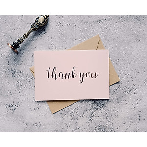 Thank You Cards - Blank 50 Pack Foiled "Thank You" Printed with 52 Foil Embossed Kraft Envelopes 4" x 6" - for Wedding Bridal Shower Baby Shower Birthday Party (Pink)