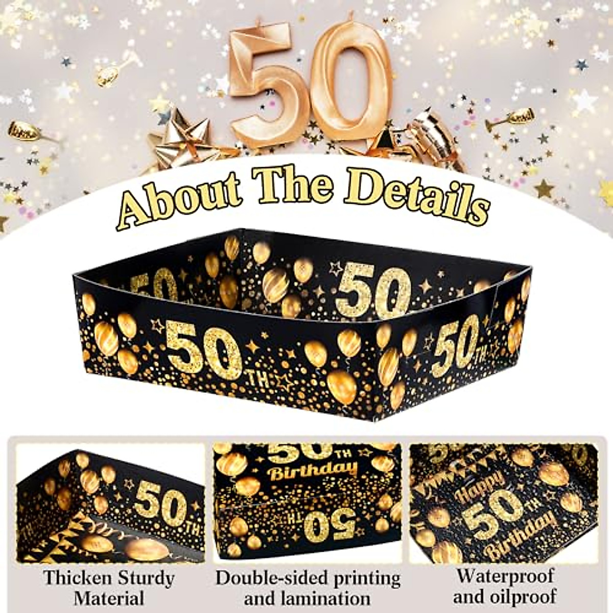 Tenceur 50 Pcs 50th Birthday Party Supplies Trays 5 lb Black and Gold Large Paper Boats for Food Disposable Snack Serving Nacho Trays for Men Women Happy 50 Years Birthday Party Supplies