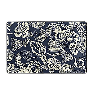 SWEET TANG Area Old School Tattoo Rose Skull Snake Dice Rug Soft Anti-Skid Floor Carpet Bedroom Rug Flannel Carpet Non-Slip Home Decor Durable Bedside Rug Premium Play Mat, 60x39