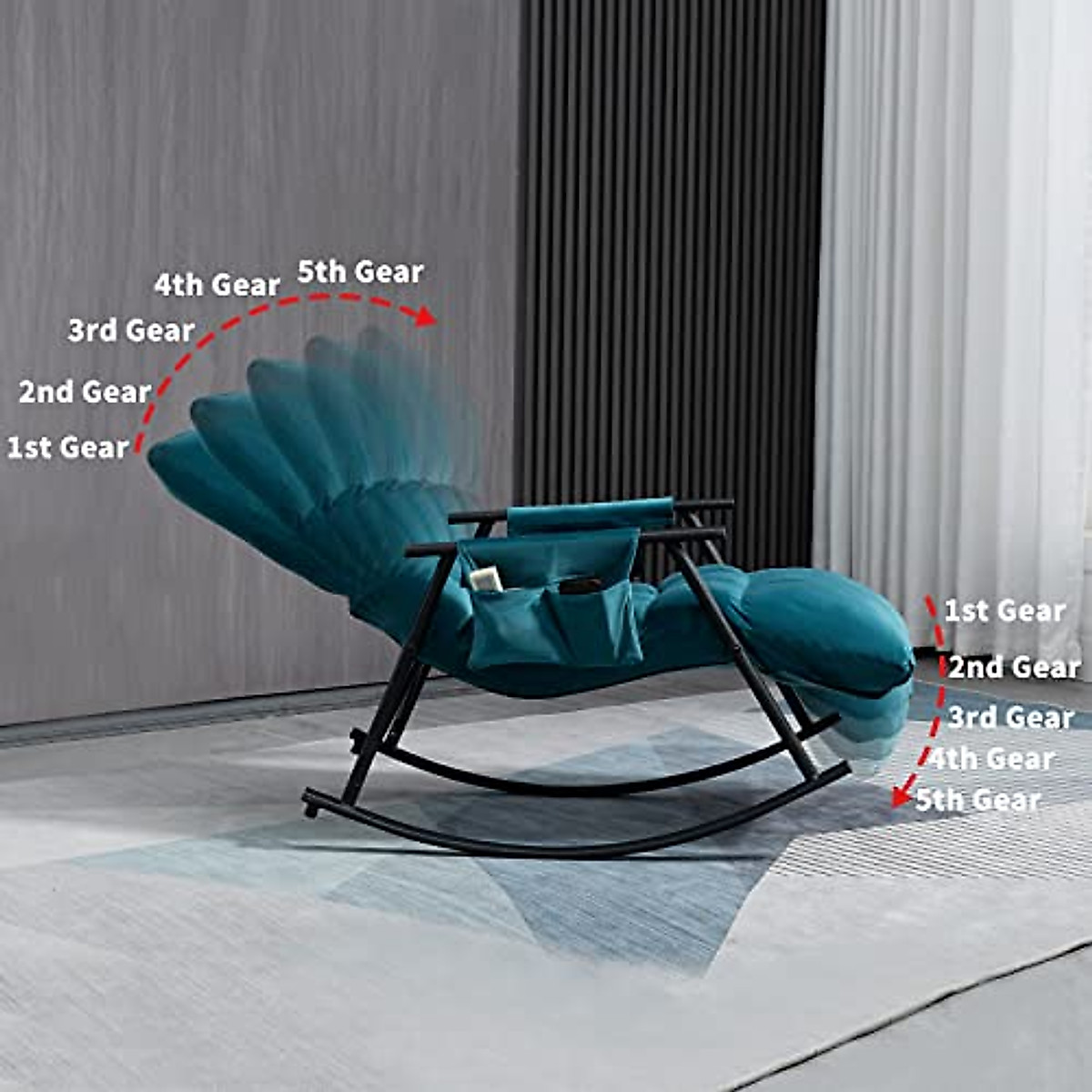 ZJhome Velvet Accent Folding Rocking Recliner Chair Nursery with Side Pocket Adjustable High Back & Foot Rest, Comfortable Upholstered Nursing Glider Rocker Armchair for Living Room, Bedroom(Teal)