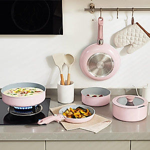 Vkoocy Pink Non Stick Pot and Pan Sets with Removable Handle, Ceramic Cookware Set Detachable Handle, Induction Kitchen Camping Stackable Pots Pans, Dishwasher/Oven Safe, PTFE/PFOA/PFOS Free
