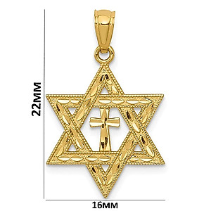JewelryWeb 14k Yellow Gold Messianic Textured Religious Judaica Star of David With Cross Pendant - 16mm x 22mm - Star of David with Cross Necklace - Interfaith Gift for her