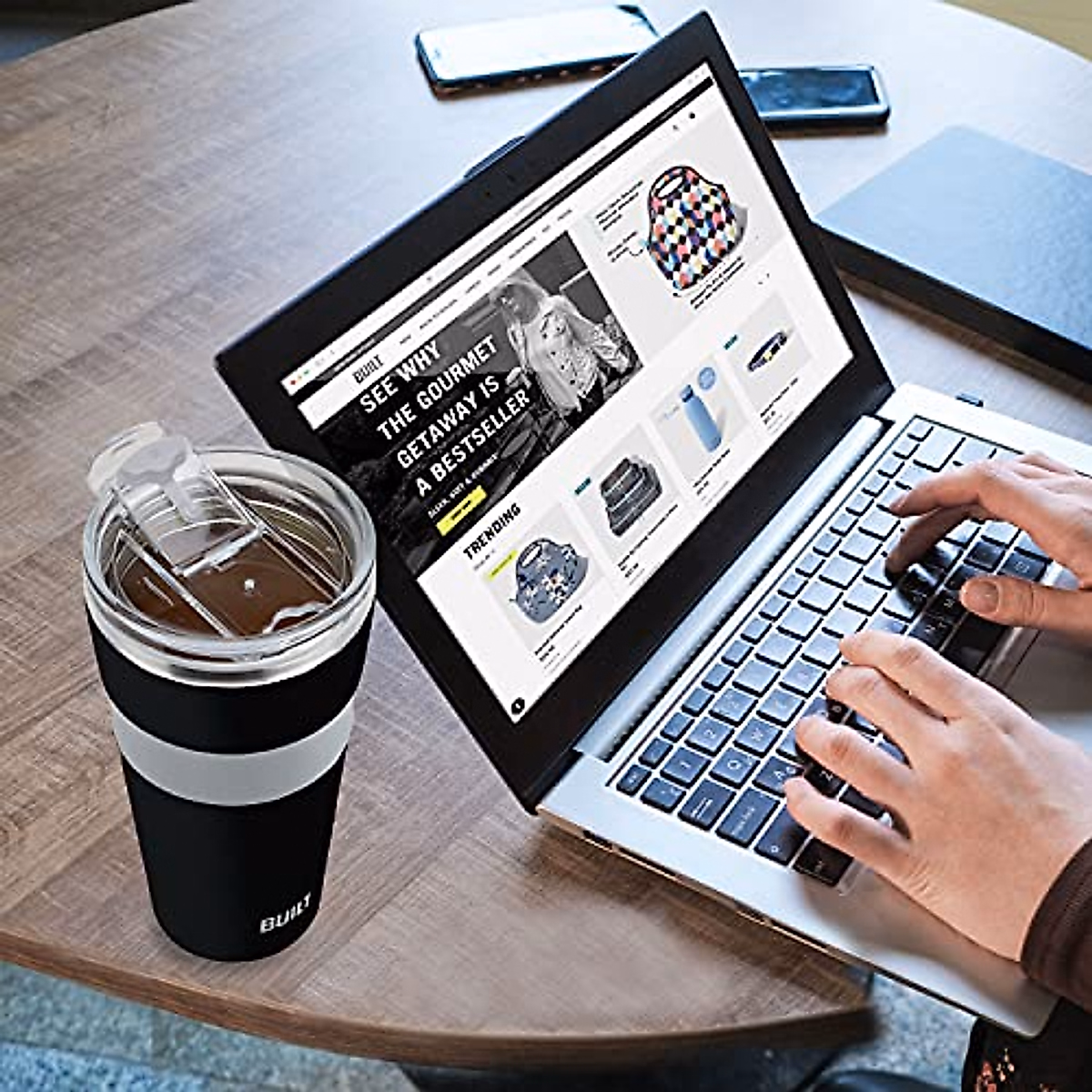 BUILT 24 Ounce Shasta Double Wall Vacuum Insulated Stainless Steel Coffee and Water Tumbler with Easy to Clean Flip to Open Lid, Black