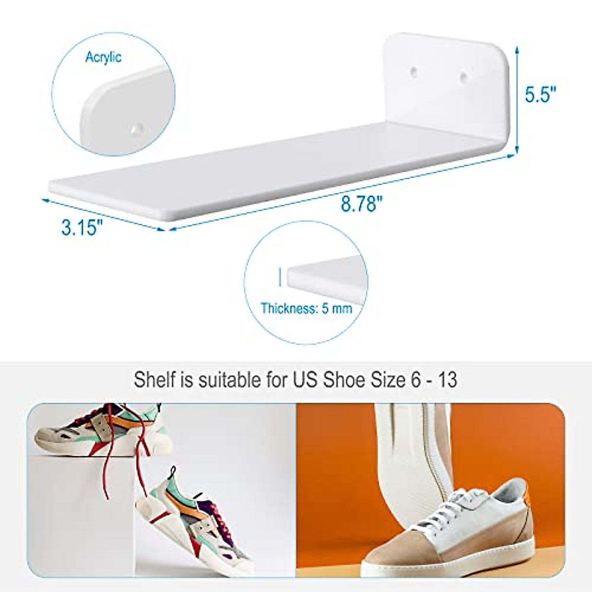 Cosmos 4 Pcs Acrylic Shoe Display Shelf Floating Shoe Shelves- Wall Mount Sneaker Shelves with Velvet Tape for Displaying Showcase Shoes and Sneaker Collection Shoes Box (Solid White)
