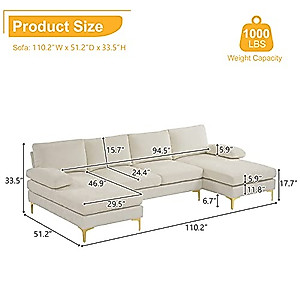 Karl home Convertible Sectional Sofa 110" U-Shape Sofa Couch 4-Seat Couch with Chaise ChenilleFabric Upholstered for Living Room, Apartment, Office, Creamy White