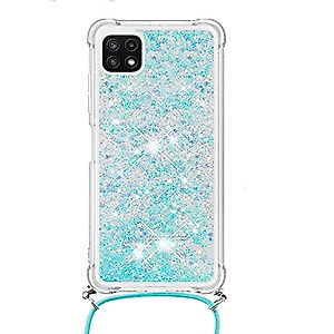 HOUSON for Samsung Galaxy A22 5G Case, Moving Liquid Holographic Sparkle Glitter Case with Crossbody Lanyard Strap, Girls Women Bling Diamond Ring Slim Protective Case for Galaxy A22 5G Blue