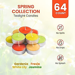 Spring Candles for Home Scented Tea Lights Candles - Spring Candle Set of 64 - Gardenia, Freesia, White Lily, Jasmine - 3-4 Hour Extended Burn Time - Spring Candles for Home, Holiday, Wedding & Party
