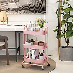 MIOCASA 3-Tier Metal Utility Rolling Cart, Heavy Duty Multifunction Cart with Lockable Casters, Easy to Assemble, Suitable for Office, Bathroom, Kitchen, Garden (Pink) (Metal&Plastic&Pink)