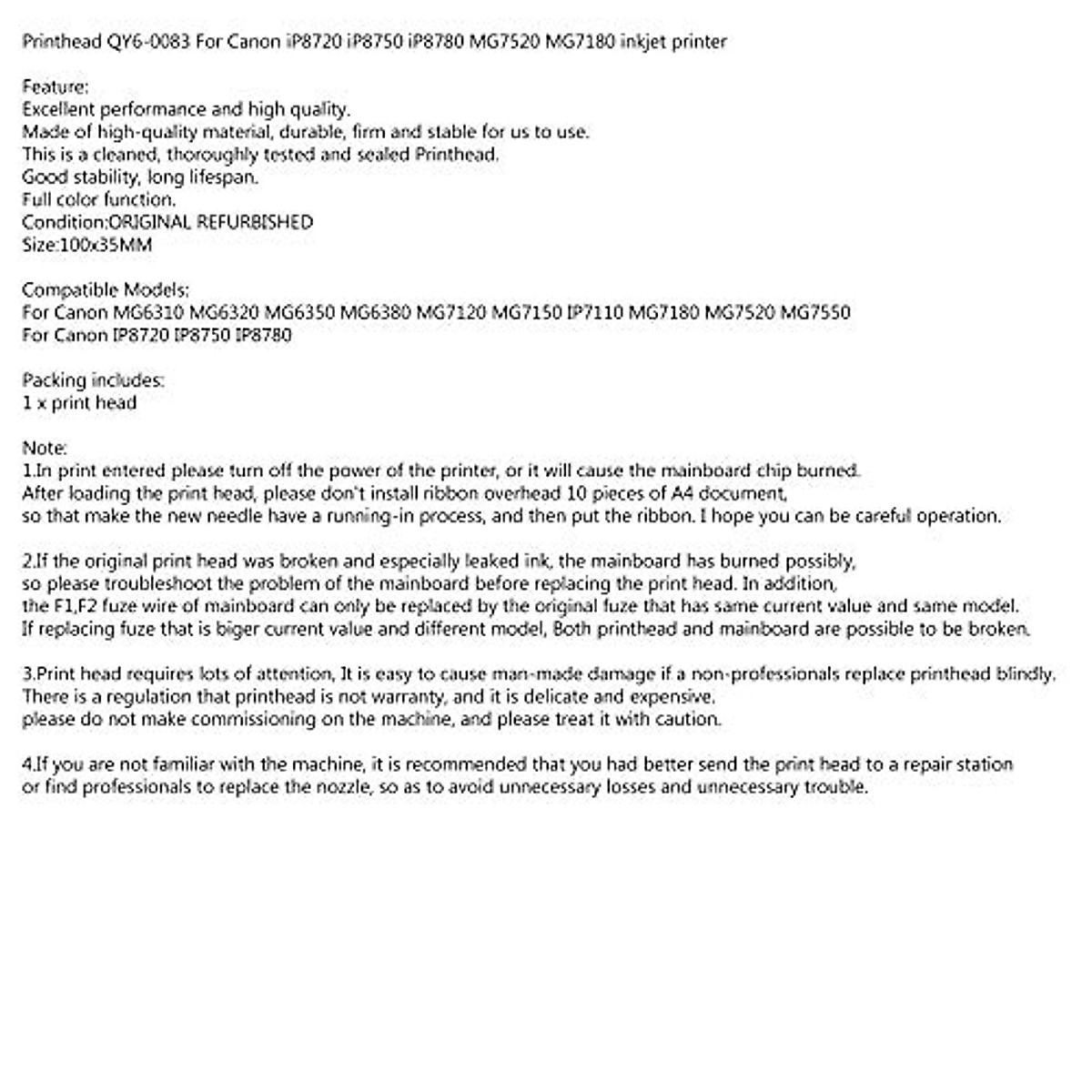 Artudatech - Printhead QY6-0083 for iP8720 iP8750 MG6320 MG6350 MG7120 MG7150 MG7180 Inkjet Printer