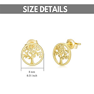 14K Gold Tree of Life Stud Earrings for Women, Real Yellow Gold Life Tree Earrings for Family, Solid Gold Jewelry for Ladies Mom
