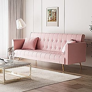 OUYESSIR Velvet Futon Sofa Bed with 2 Pillows, Convertible Futon Couch, Sturdy Sleeper Sofa in 71 inch, Small Futon Sofas (Pink)