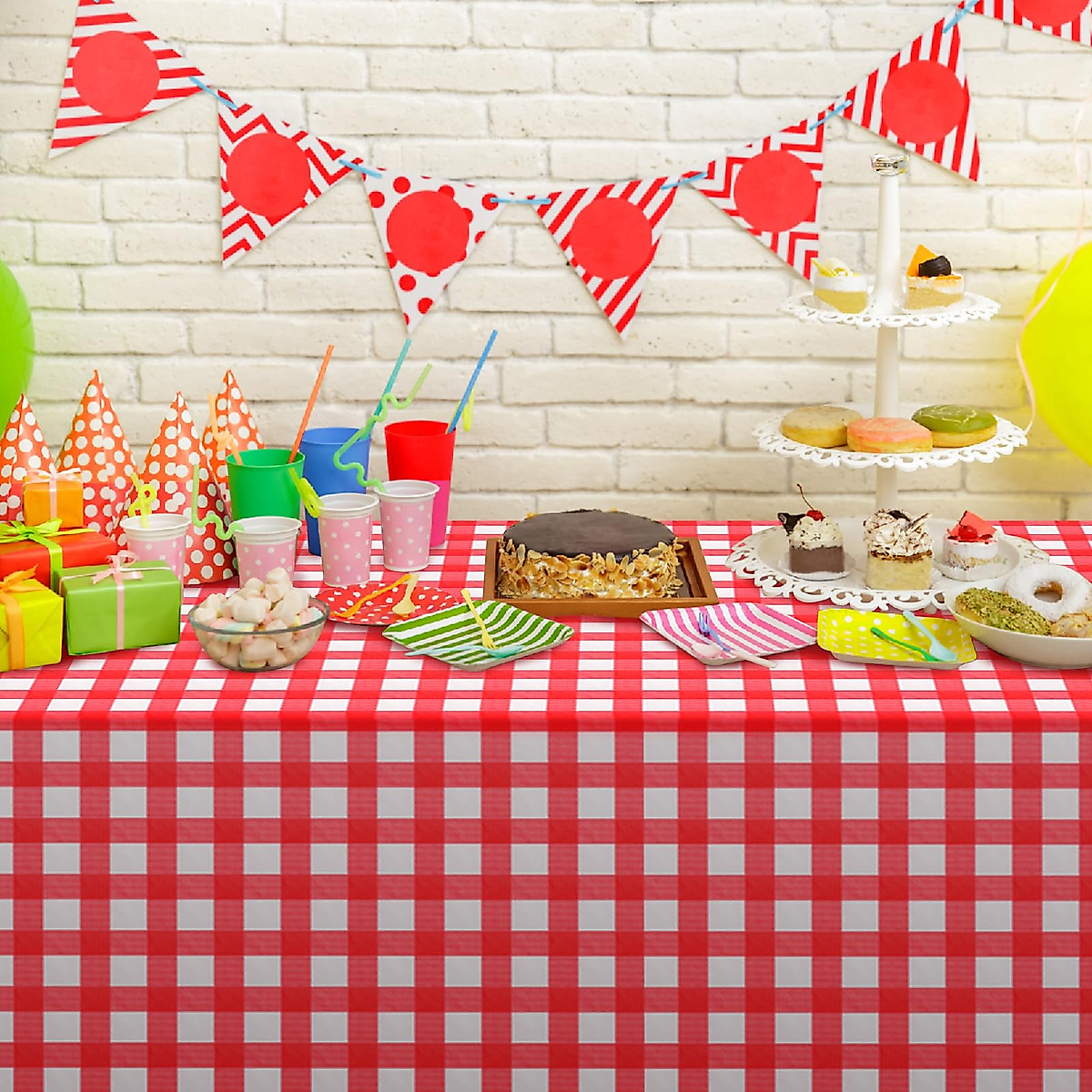 12 Pack Red and White Plastic Checkered Tablecloth, Premium Decorative Disposable Red Gingham Plaid Table Cloths for Parties, Rectangle Party Table Cover for Picnic Farm Birthday Wedding, 54x108 Inch