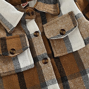Amiblvowa Little Kids Toddler Baby Boy Girl Shirt Jacket Plaid Long Sleeve Button Down Fall Flannel Shacket Coat Tops (Khaki Plaid, 12-18 Months)