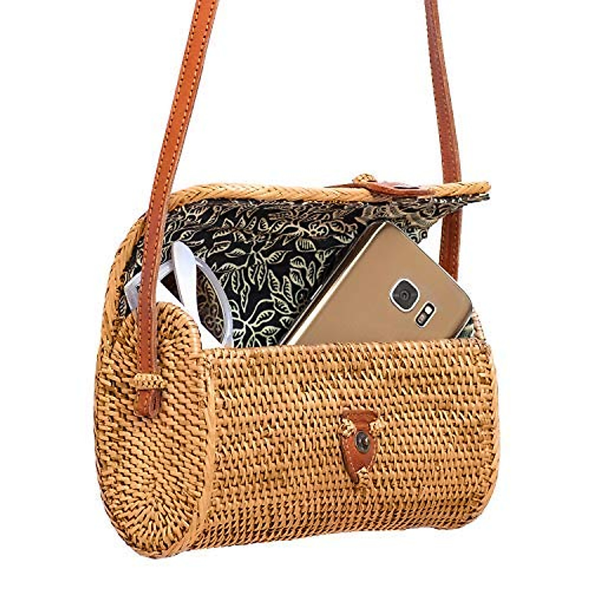Rattan Bags for Women - Handmade Wicker Woven Purse Handbag Circle Boho Bag Bali 8" x 3" x 5" (20cm x 7cm x 12cm)