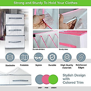 bella4home - 3Pcs Foldable Closet Organizers and Clothes Storage Bins Washable Divided Fabric for Drawer Organizer of Jeans, T-shirts, Underwear, Socks Linen Organizer, Pink