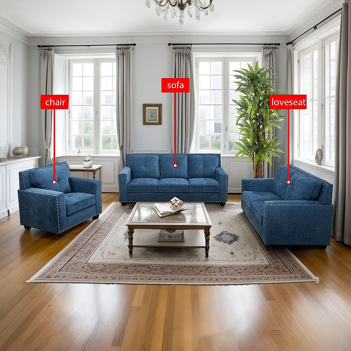 XRYZHC 1+2+3 Modular Sofa Set,Blue Linen 3-Piece Living Room Sofa Set, Including Single Chair, Loveseat, 3-Person Sofa,Rectangular Armrests,Rivet Decoration