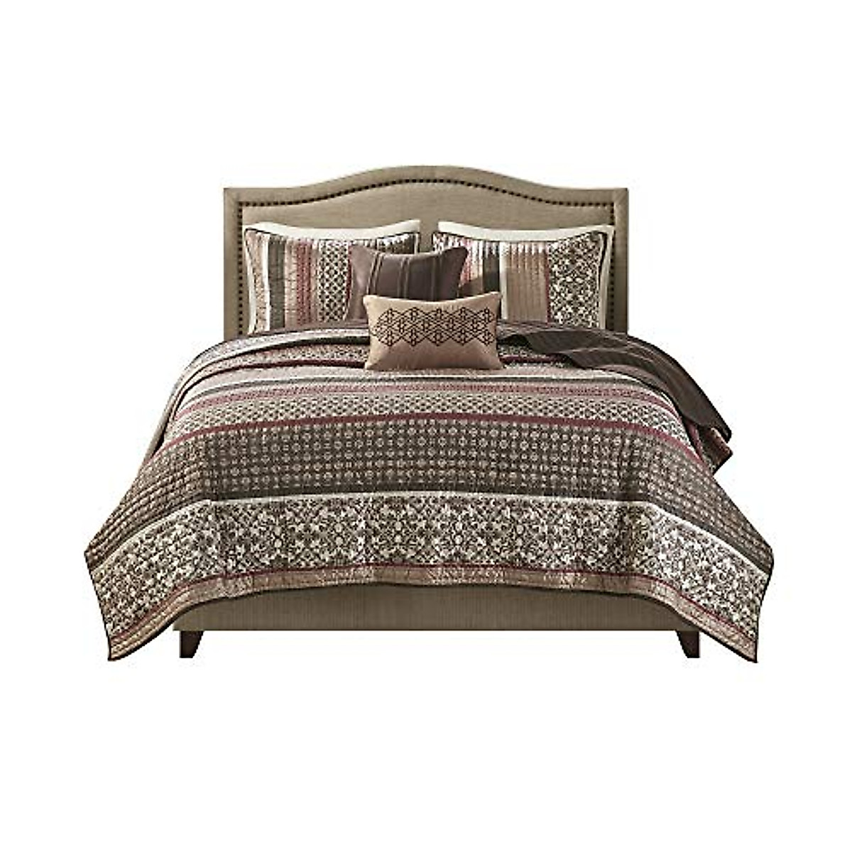 Madison Park Quilt Set Luxurious Jacquard Stripes Design - All Season, Coverlet Bedspread Lightweight Bedding Layer, Shams, Decorative Pillow, Full/Queen(90"x90"), Floral Red 5 Piece