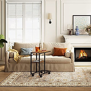 Hoctieon C Shaped End Table, Slim Side Table, Small End Table with Wheels, Snack Side Table with Storage, Sofa Table, for Living Room, Sofa, Couch, Bedroom, Vintage, Rustic Brown