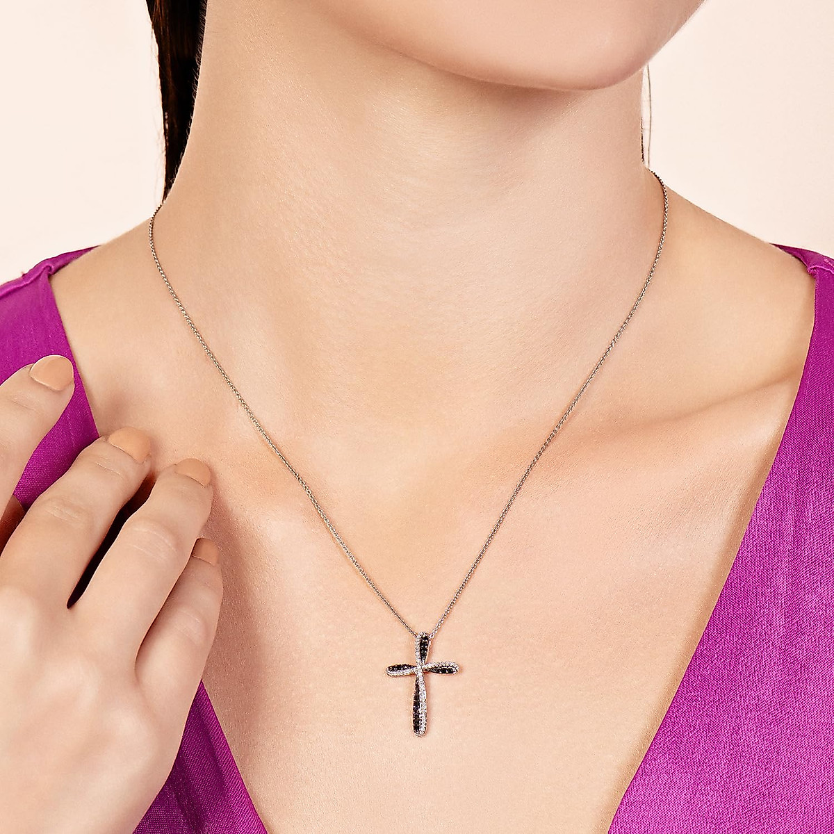 Jewelili Sterling Silver Cross Pendant Necklace with Treated Black and Natural White Round Diamonds, 1/3 cttw, 18" Rolo Chain