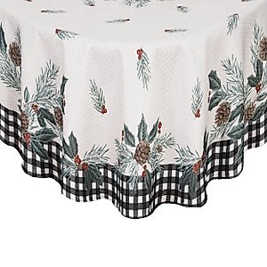Lintex Festive Berry Black Plaid Country Rustic Bordered Christmas Tablecloth, Cottage Check and Holly Bordered Xmas and Holiday Print Easy Care Fabric Tablecloth, 70 Inch Round