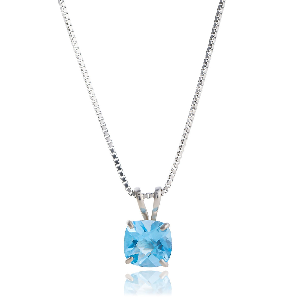 MAX + STONE 925 Sterling Silver 6mm Cushion Cut December Birthstone Swiss Blue Topaz Solitaire Pendant Necklace for Women with 18 inch Box Chain