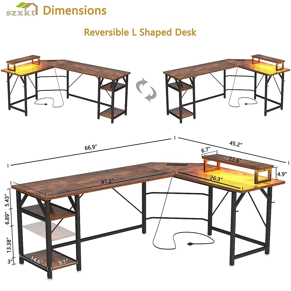 SZXKT L Shaped Gaming Desk with Power Outlets and Monitor Stand, Computer Desk with LED Lights,Home Office Desks Large Writing Study Table Workstation with Hooks Desk for Bedroom, Rustic Brown