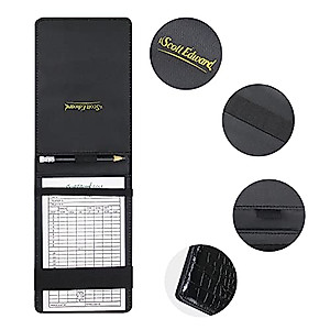 Scott Edward Golf Scorecard Cover Leather Scorecard Holder Statistic and Score Tracking Waterproof Soft Thick (Black Texture)